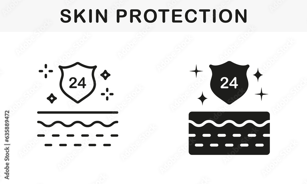 Skin Protect 24h Line and Silhouette Black Icon Set. Every 24 Hours ...