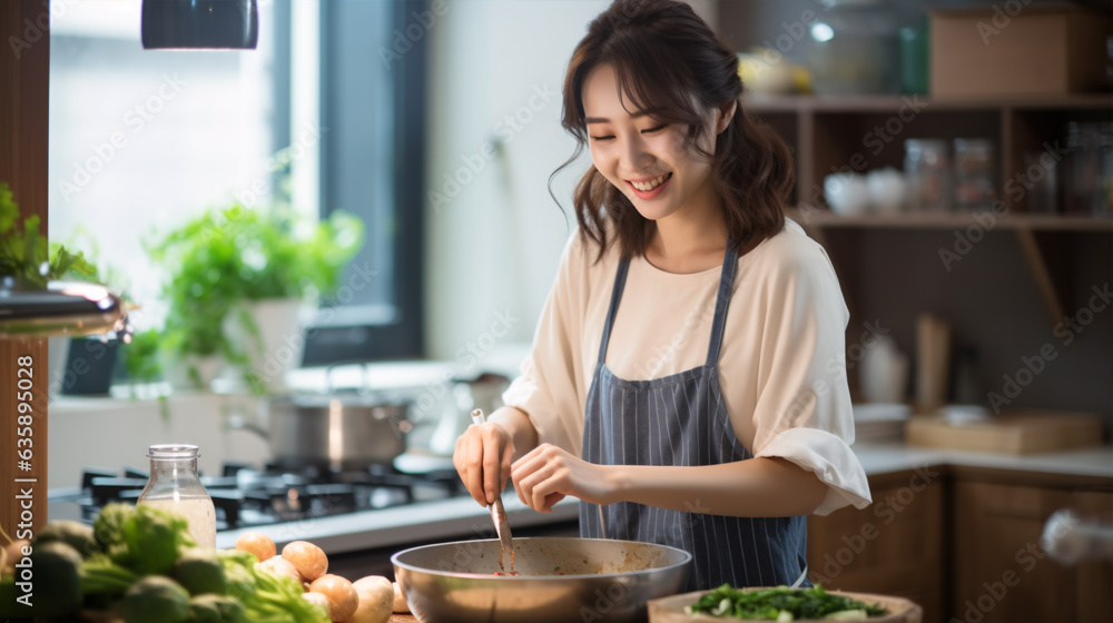 Beautiful asian woman cooking at kitchen with smile. Stock Photo ...