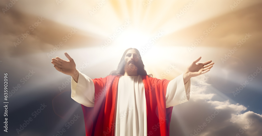 Resurrected Jesus Christ with background of sun rays and clouds. の ...