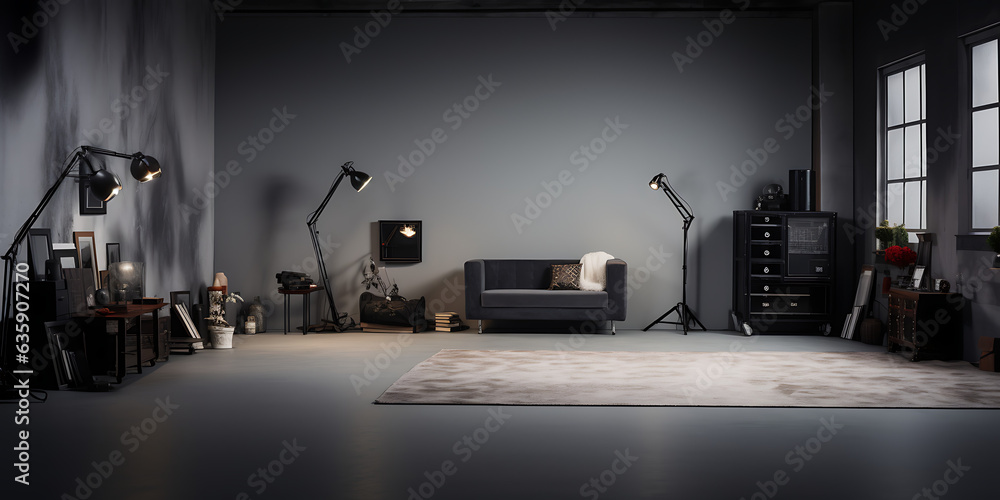 zoom background of the photography studio with sofa couch lights and ...