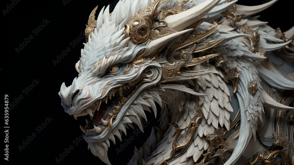 Roaring white dragon closeup, isolated. White with gold, jewelry ...