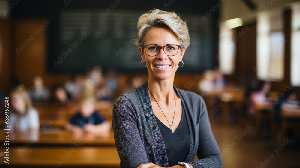 Generative AI, mature woman professor stands against the backdrop of a ...