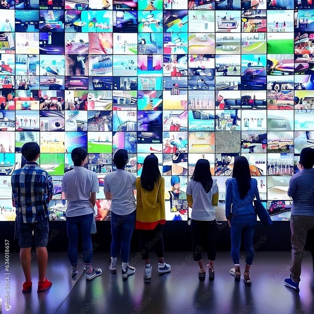 People Watching Large Futuristic LCD Panel LED Video Wall, Many ...