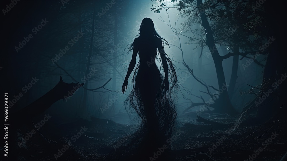 Terrifying female ghost with black hair in a dark forest. silhouette ...