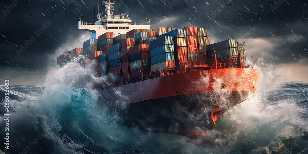 Container ship going through the storm. Horizontal wallpaper with big ...