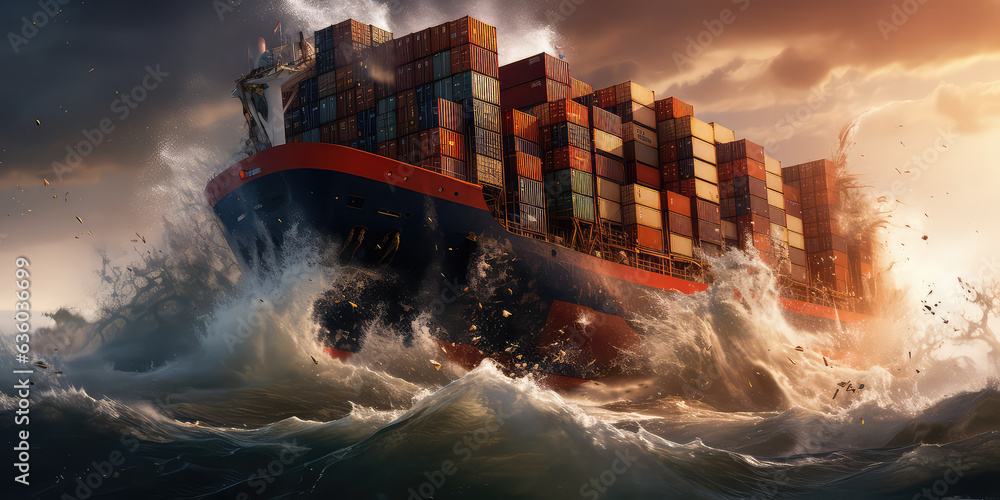 Container ship going through the storm. Horizontal wallpaper with big ...
