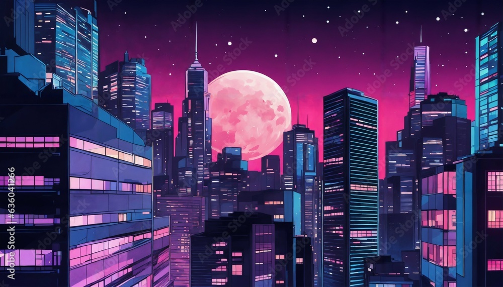 Anime style night cityscape with neon lights and a big moon in the sky ...