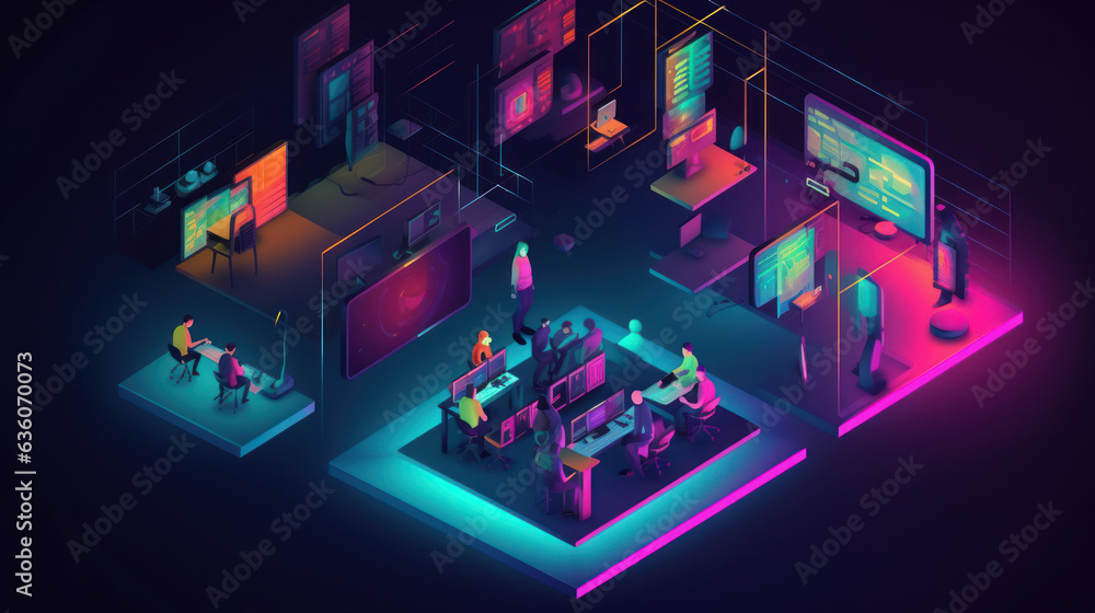 Web development concept in 3d isometric design. Designers prototyping and coding, working on ui ...