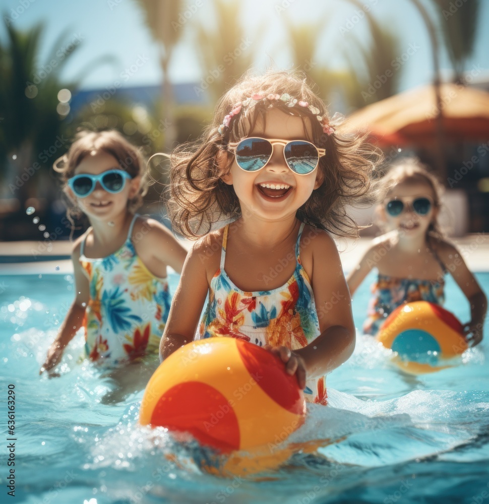 two little girls wearing swimsuits and sunglasses playing with balls in ...