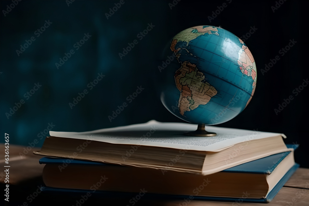 Globe and stack of books on dark background. Education concept ...