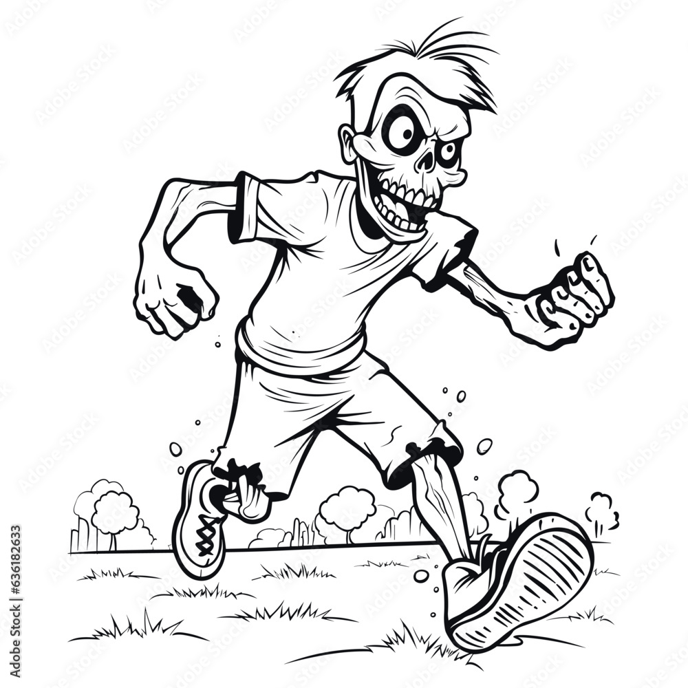 Zombie man running, line art vector illustration, cartoon style ...