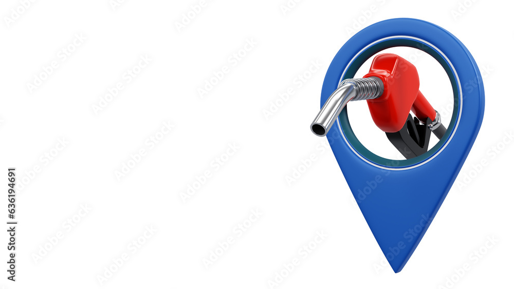 3D rendering of fuel location, map pointer with pump nozzle on isolated ...