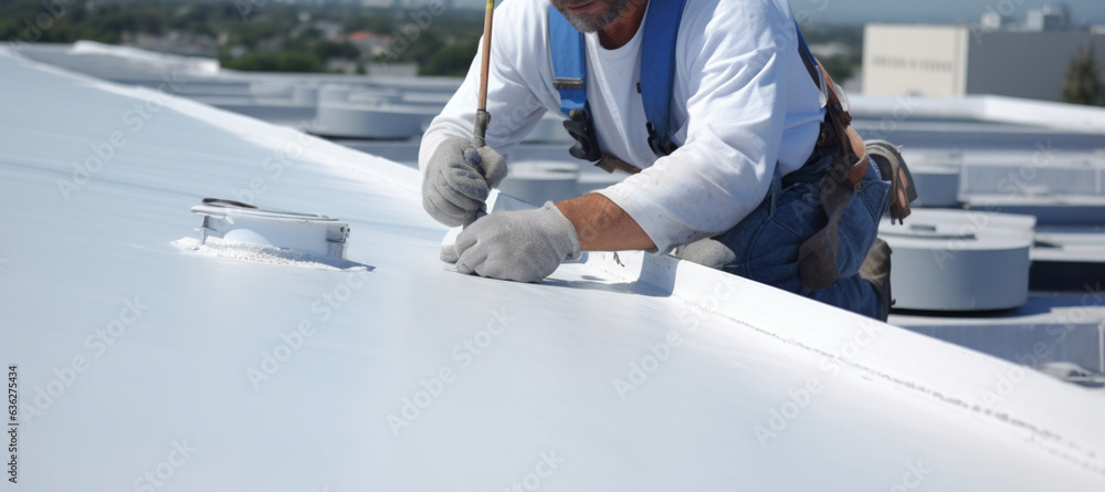 Worker applies an insulation coating on the concrete surface of a ...