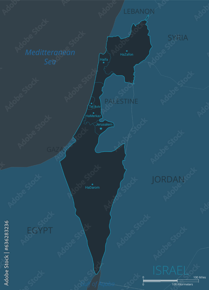 Israel map. High detailed map of Israel with countries, borders, cities ...