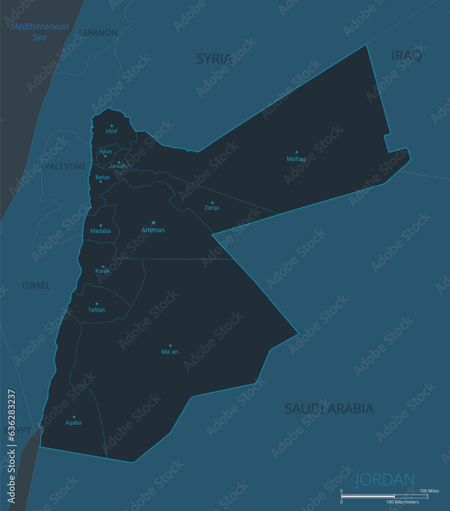 Jordan map. High detailed map of Jordan with countries, borders, cities, water objects. Vector ...
