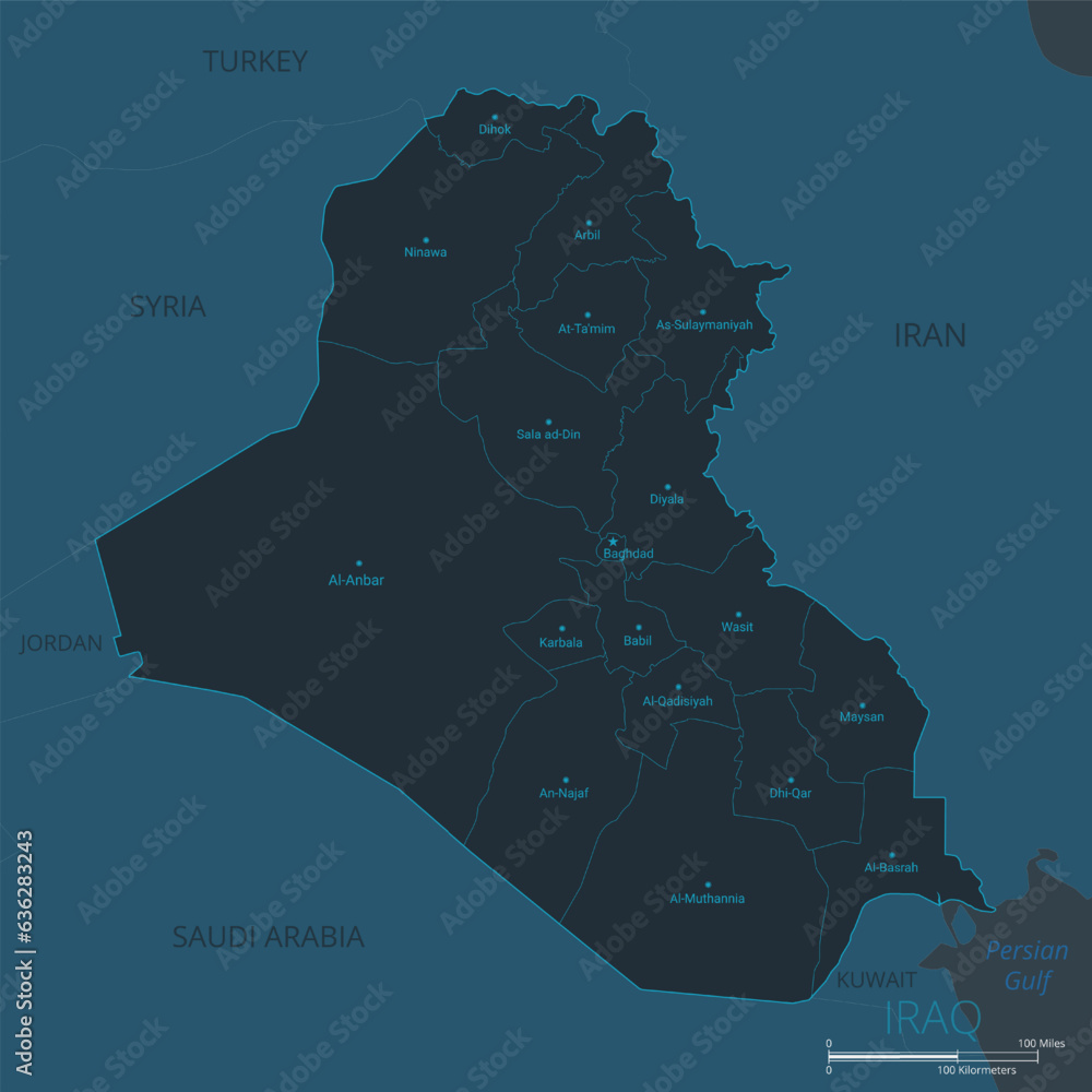 Iraq map. High detailed map of Iraq with countries, borders, cities ...