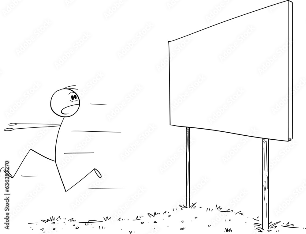 Shocked Person Running Away from Billboard or Sign, Vector Cartoon ...