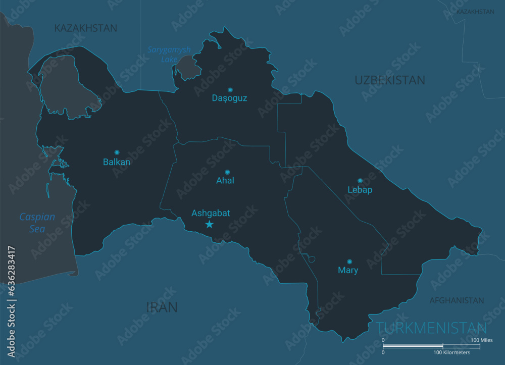 Turkmenistan map. High detailed map of Turkmenistan with countries, borders, cities, water ...