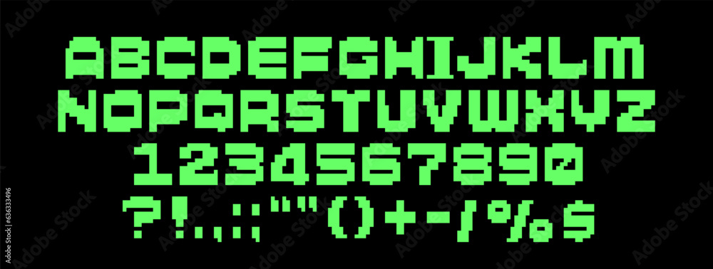 Retro-futuristic green pixel game font: English letters and numbers in ...