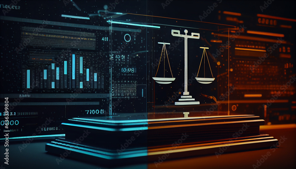 Law scales on background of data center. Digital law concept of duality ...