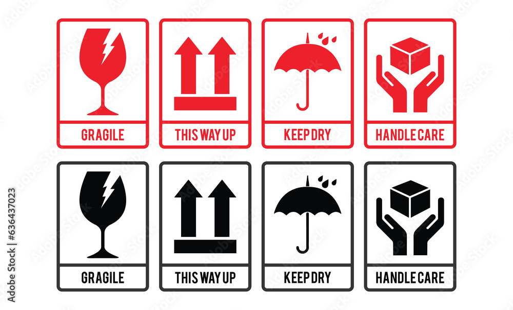Fragile package icons set, handle with care logistics and delivery shipping labels. Fragile box ...