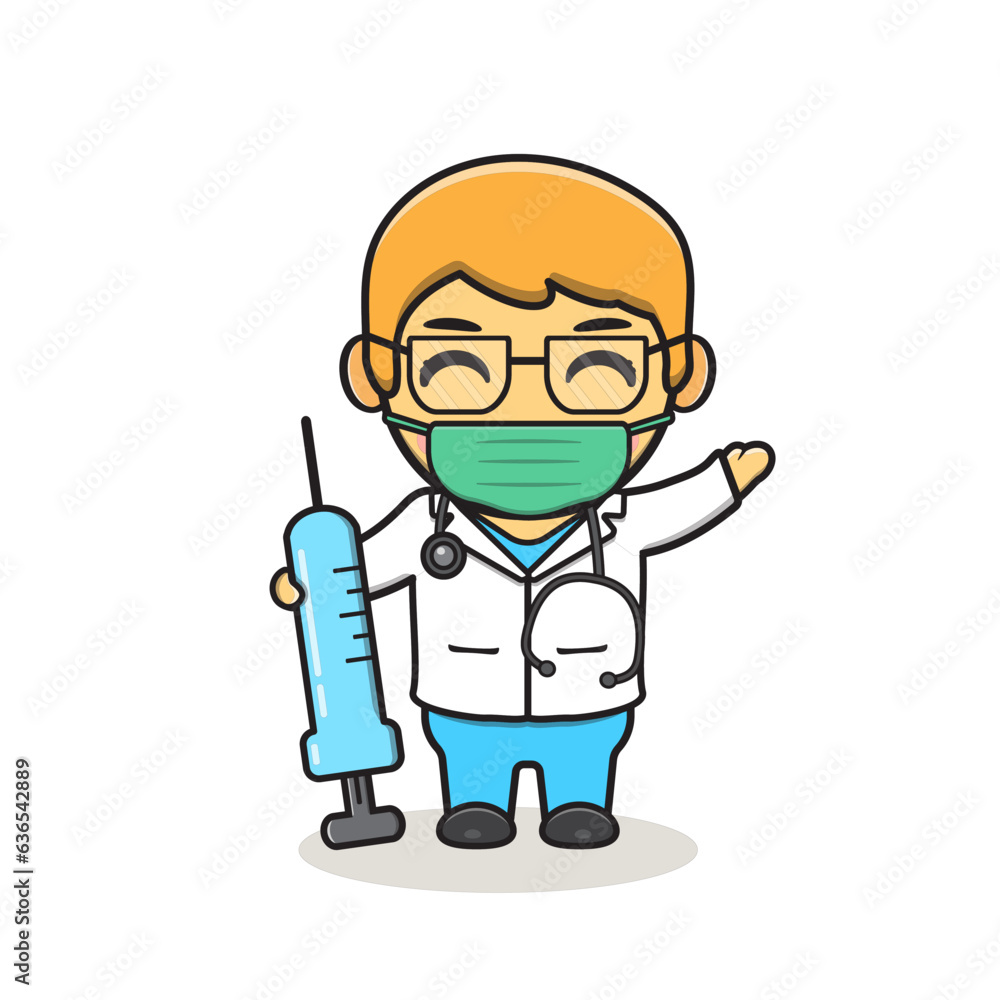 Cute Doctor Holding Stethoscope and Injection Cartoon Vector Icon ...