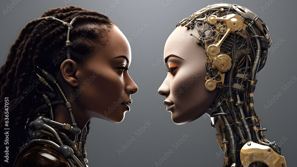 humanoid robot and african american young adult woman face to face ...