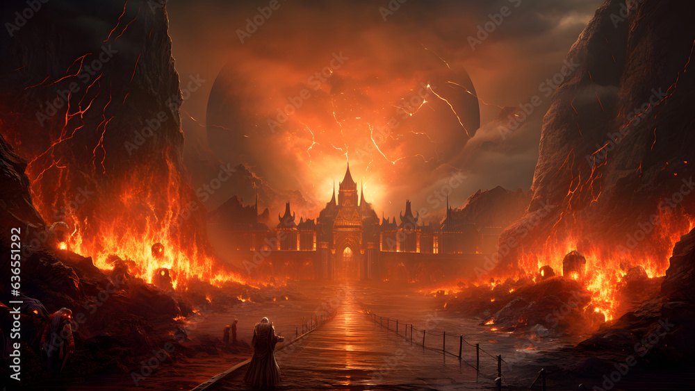 Human figure on road to colossal dark medieval hellish citadel ...