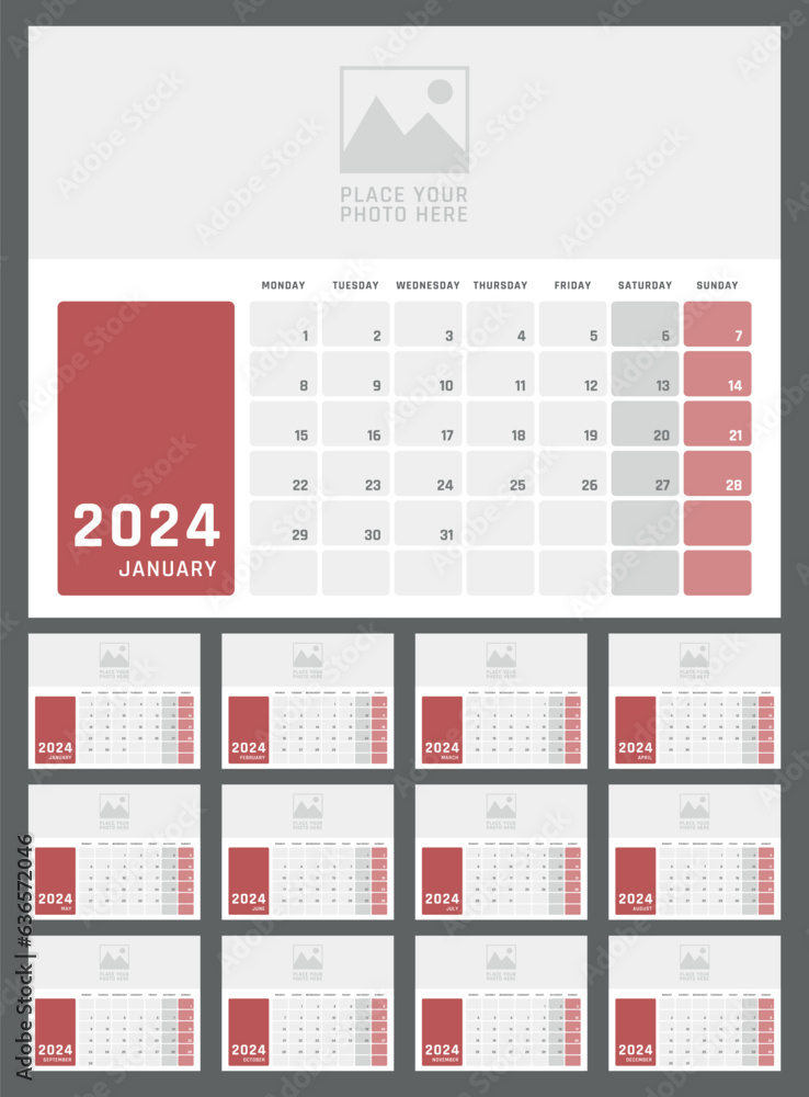 Vector de Stock 2024 year calendar, calendar design for 2024 starts ...