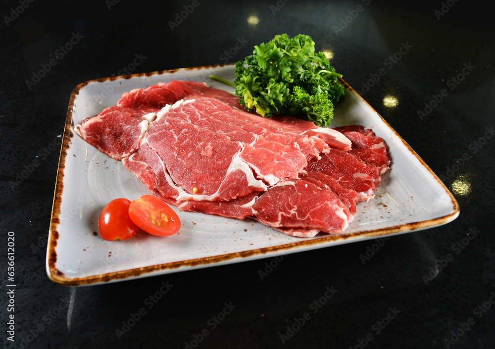 cold mixed raw meats slices platter chicken, beef, wagyu, lamb, duck ...