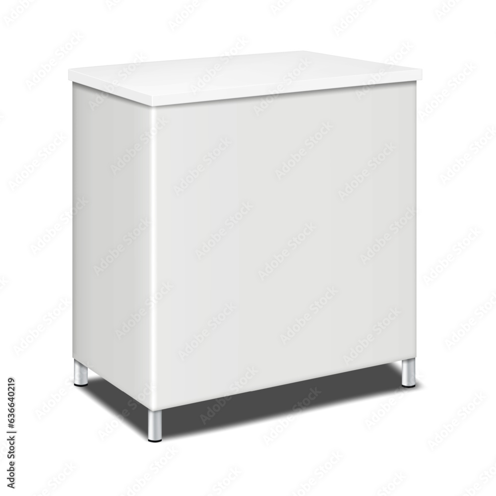 Blank white rectangular portable exhibition counter with metal legs ...
