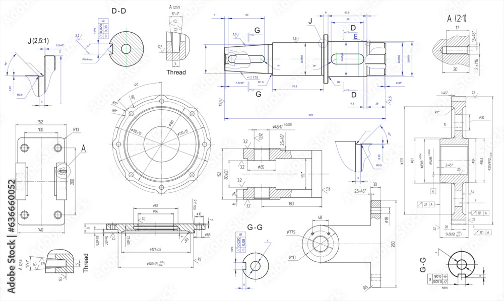 Vector engineering drawing of a steel mechanical parts with through ...