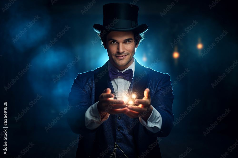 Generative ai collage photo of illusionist playing magic trick in night ...