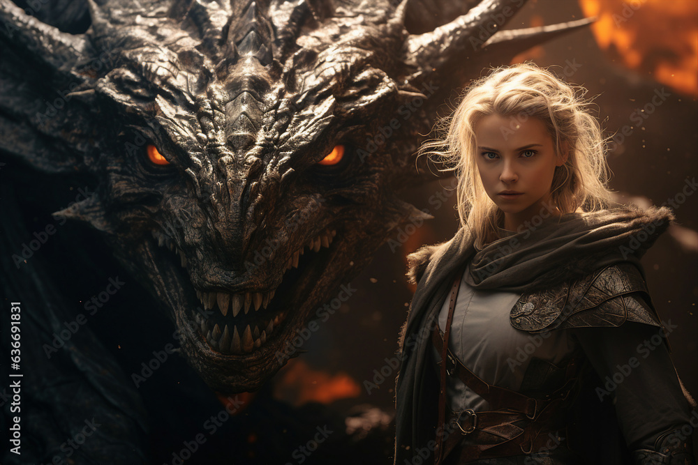 Generative ai collage photo of warrior with dragon fight in fantasy ...