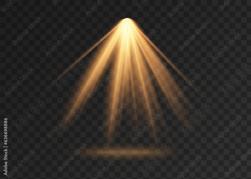 Spotlight isolated on transparent background. Vector glowing light effect with gold rays and ...