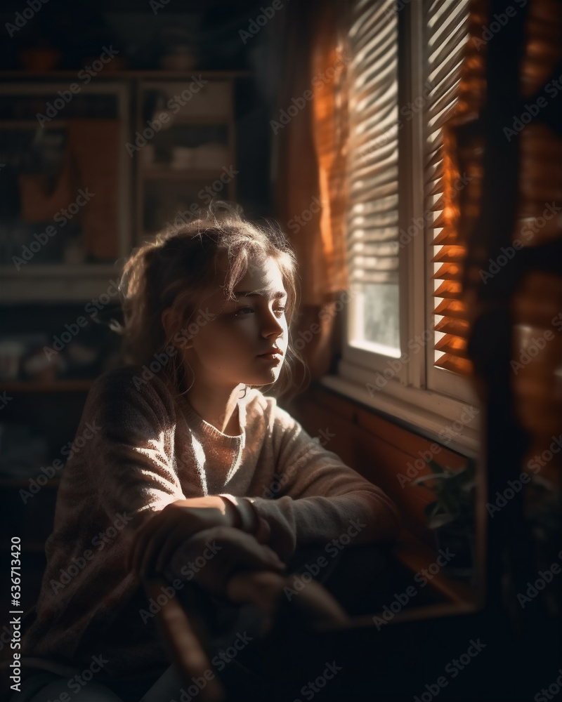 Beautiful and melancholy girl, sitting in a daze by the window at home ...