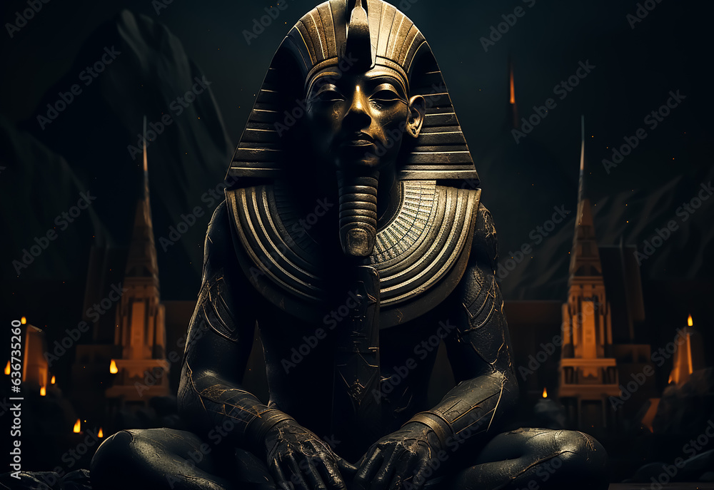 Egyptian pharaoh Sphinx statue in black marble at night in front of ...