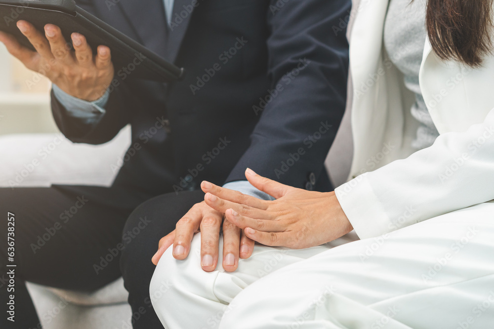 Photo Stock Unhappy asian young employee, business woman defending hand ...
