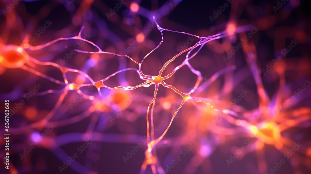 Neuron cells with glowing link knots. Nervous system with electric ...