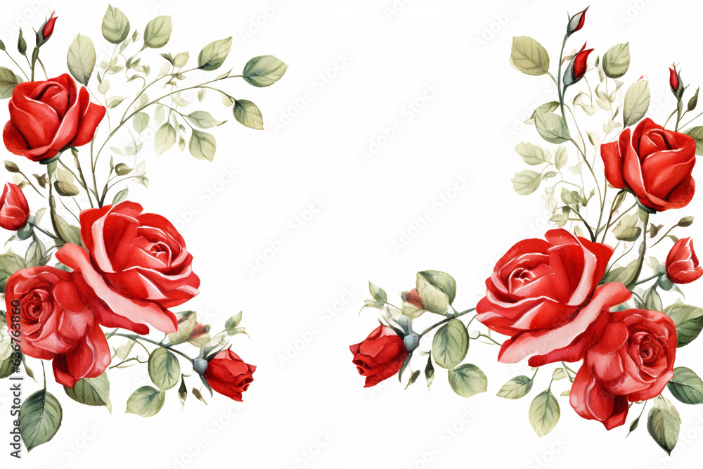 elegant detailed watercolor red roses, rectangle frame border clipart, vibrant colors, white ...
