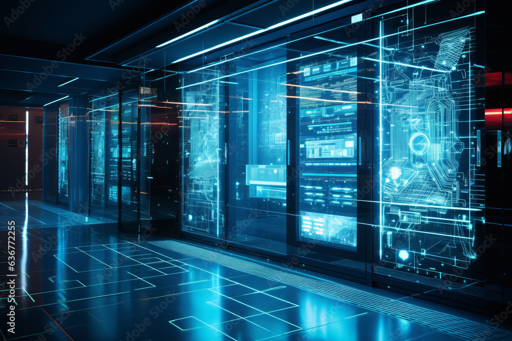 Hologram of a server room or server room of an IT company. generative ai Stock Illustration ...