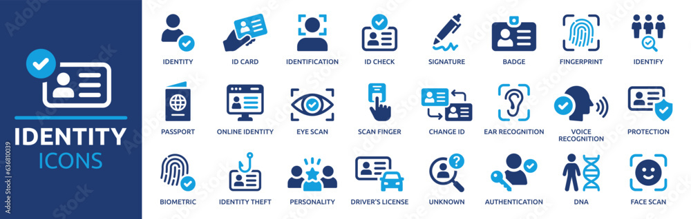 Identity icon set. Containing ID card, biometric, fingerprint ...