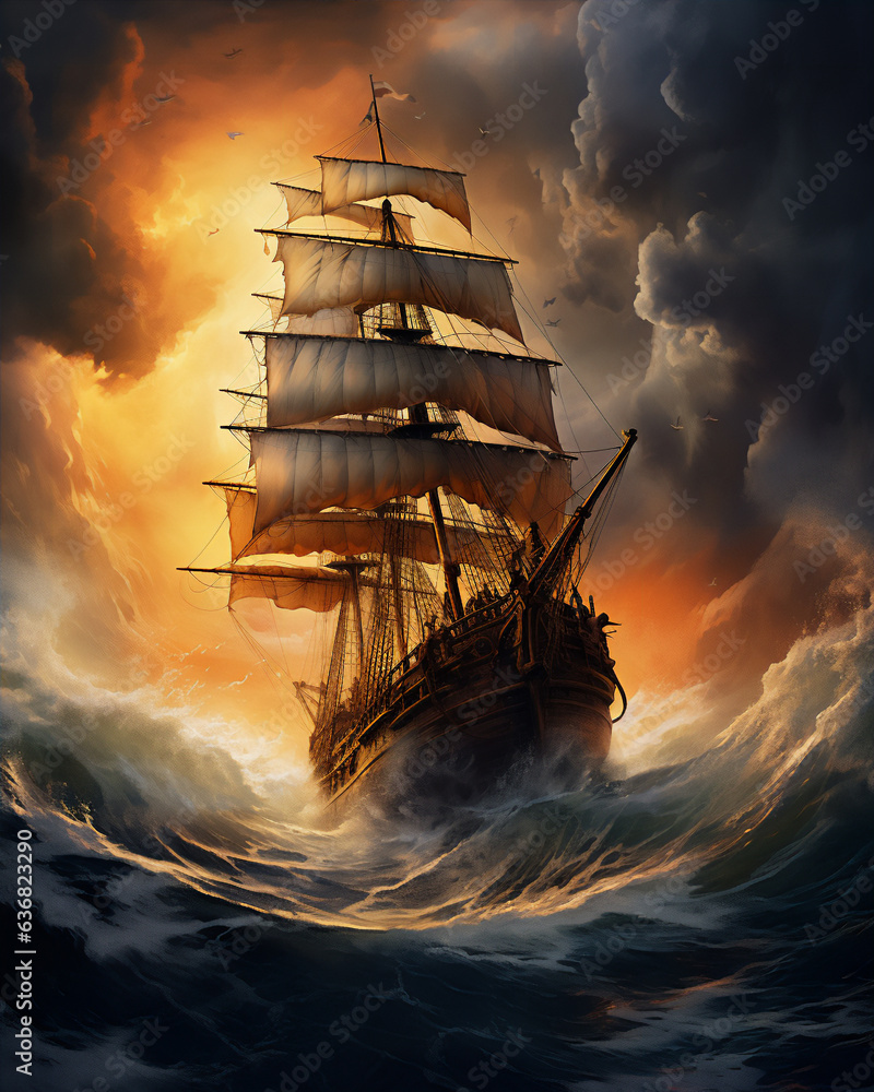 high sea with giant dramatic wave in the storm, a huge pirate sailing ...