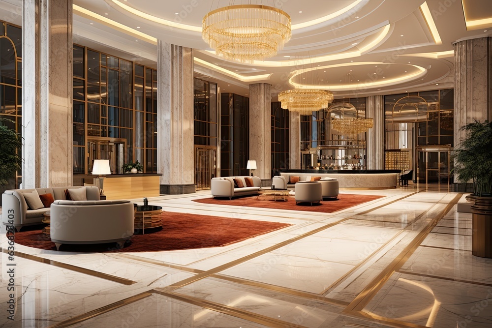 Stylish hotel corridor with marble tile floor, well-lit reception area ...