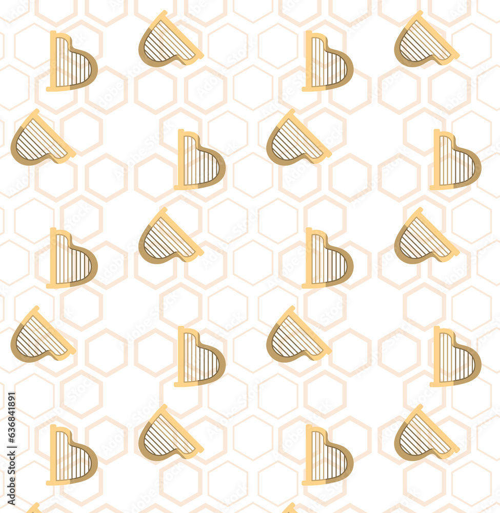 Digital png illustration of gold heart shape harps over hexagon pattern ...