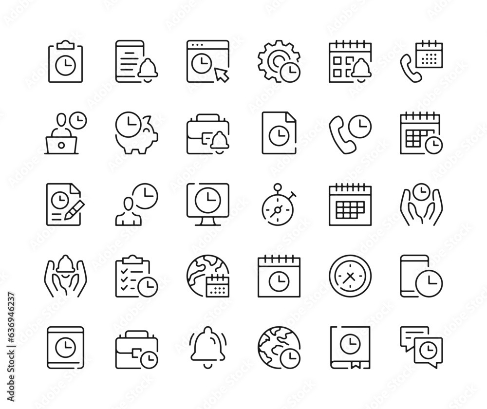 Time management icons. Vector line icons set. Time concepts. Black outline stroke symbols Stock ...
