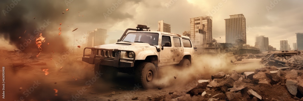 Military pickup truck with machine gun crosses through destruction ...