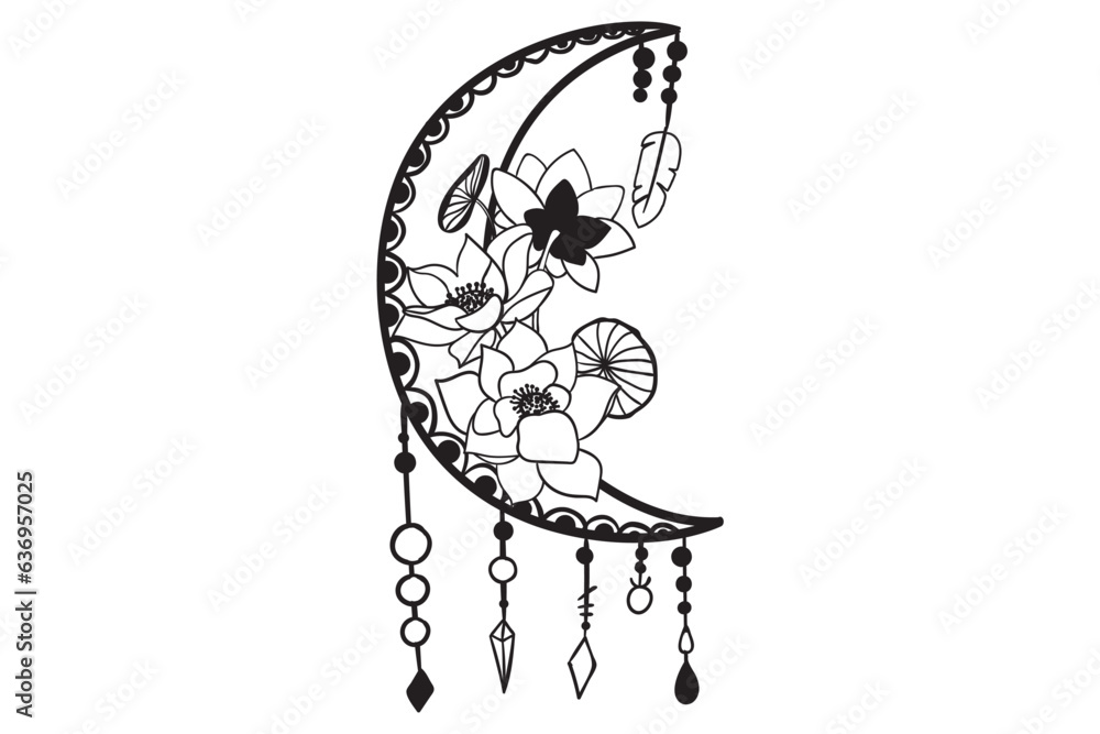 Boho floral moon SVG, Moon SVG, Bohemian moon SVG, Moon and stars SVG ...