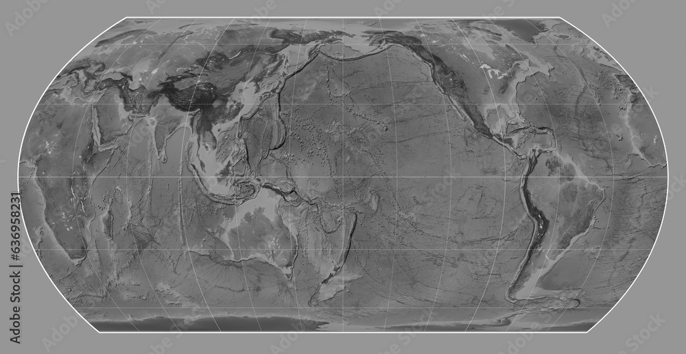 World map. Grayscale. Hatano Asymmetrical Equal Area projection ...