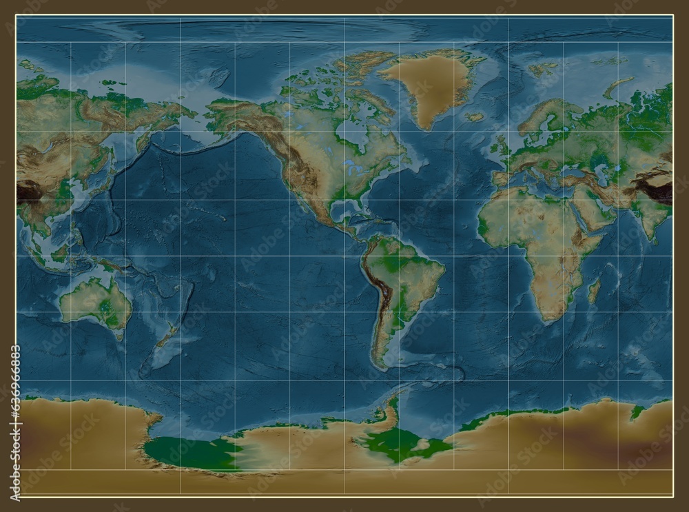 World map. Physical. Miller Cylindrical projection. Meridian: -90 west ...